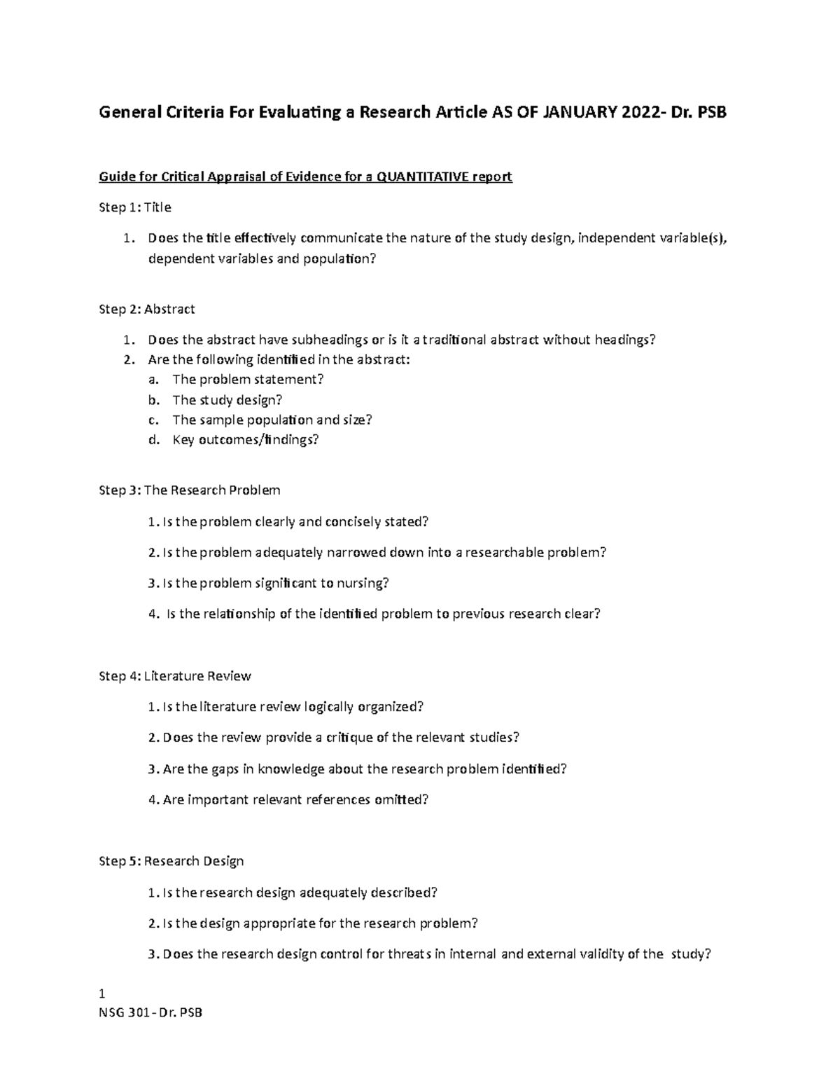 General Criteria For Evaluating a Research Article AS OF January 25. 2022 - General Criteria For ...