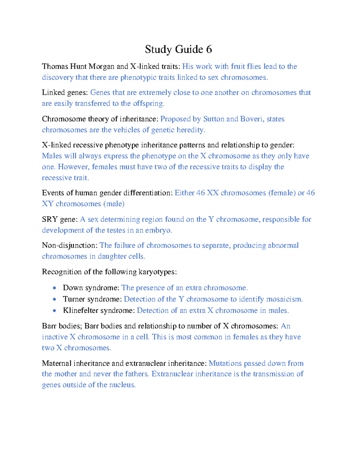 BIO-181 - study guide 6 - Study Guide 6 Thomas Hunt Morgan and X-linked ...