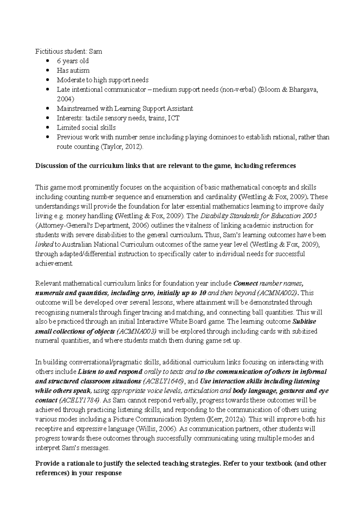 SWSD- assessment 3- game - Fictitious student: Sam 6 years old Has ...