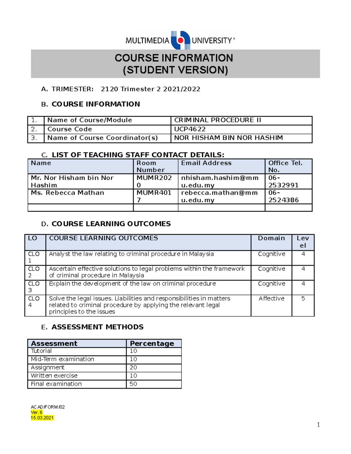3- FORM 03 Ver 6.0 Course Information Student Version v3 - A. TRIMESTER ...