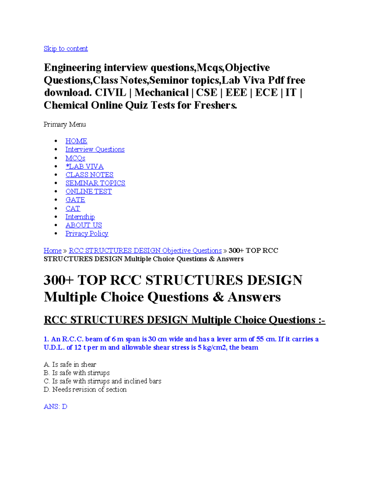 RCC Structures Design Multiple Choice Questions - Skip to content Engineering interview - Studocu