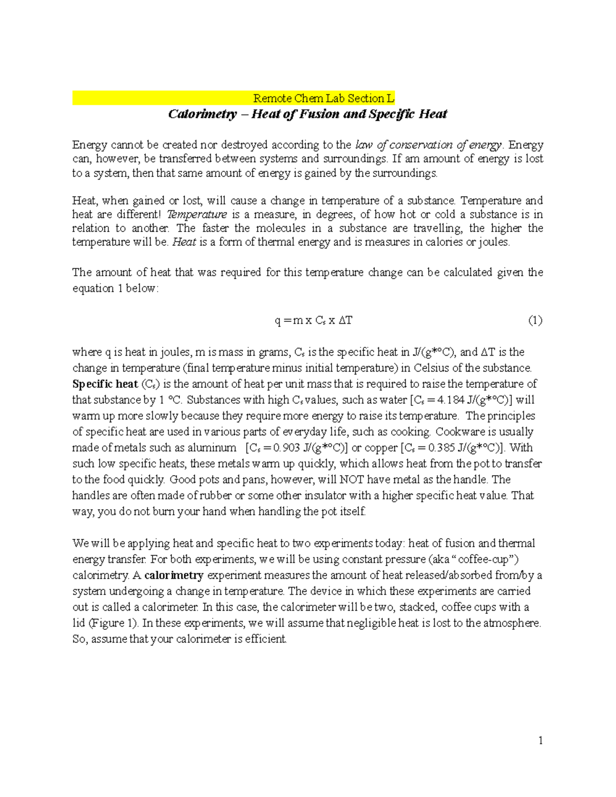 Calorimetry Heat of Fusion and Specific Heat With Data - Remote Chem ...
