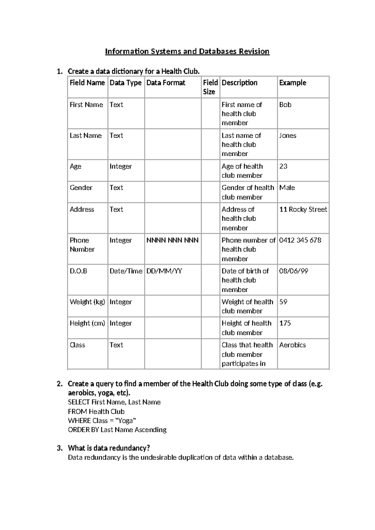 Health club - clb - Information Systems and Databases Revision Create a ...