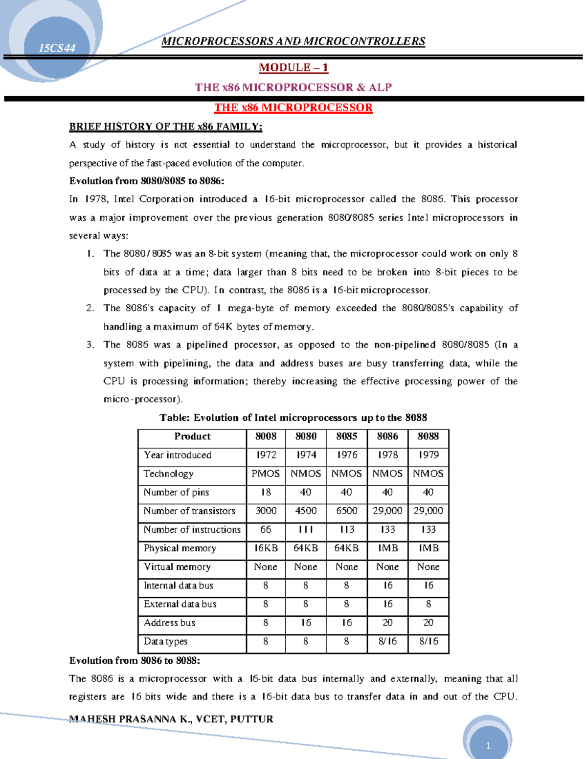 MICROCONTROLLER and EMBEDDED SYSTEM - MAHESH PRASANNA K., VCET, PUTTUR 15CS MODULE – 1 THE x86 ...