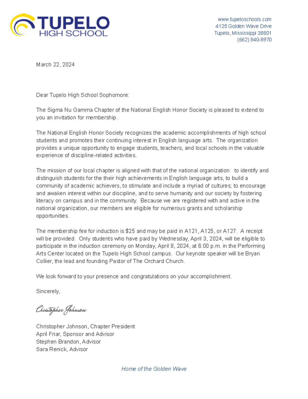 NEHS Invitation Letter (Sophomore) - tupeloschools 4125 Golden Wave ...