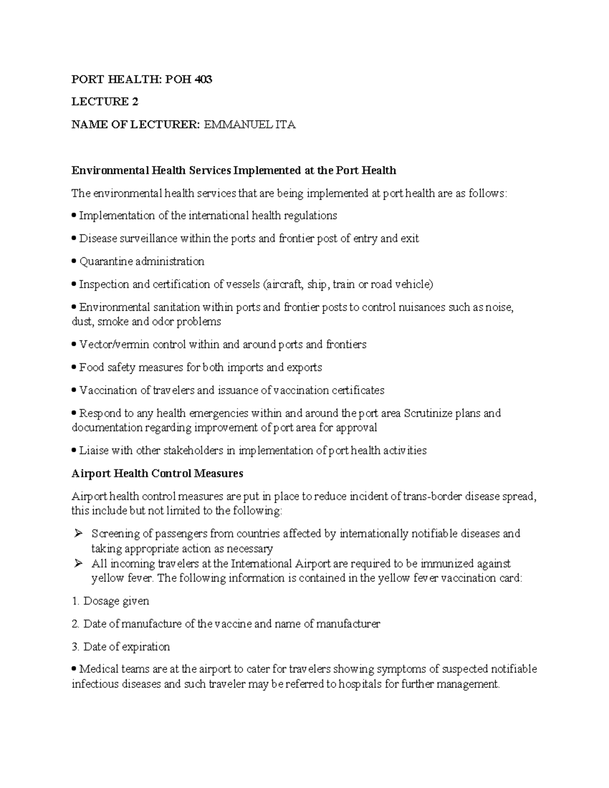 PORT Health Lecture 2 - N/A - PORT HEALTH: POH 403 LECTURE 2 NAME OF ...