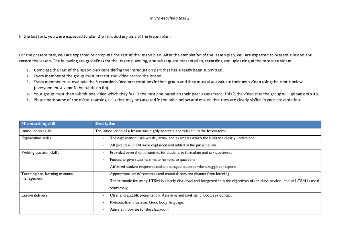 WILV4700 Assessment 1 Micro Lesson PART 3 SELF&PEER Evaluation - Micro ...