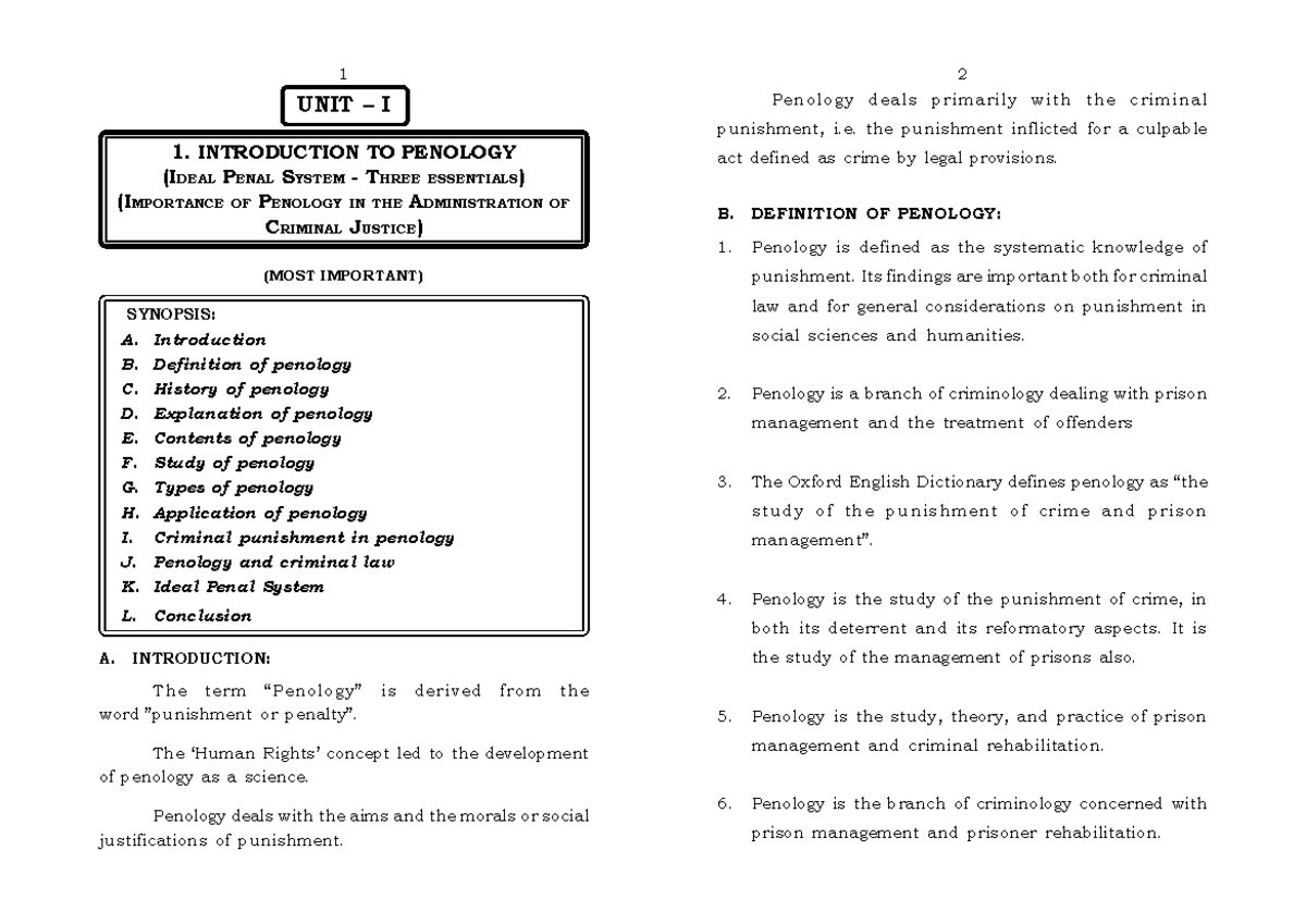 Penology-Victimology - 1. INTRODUCTION TO PENOLOGY (IDEAL PENAL SYSTEM ...