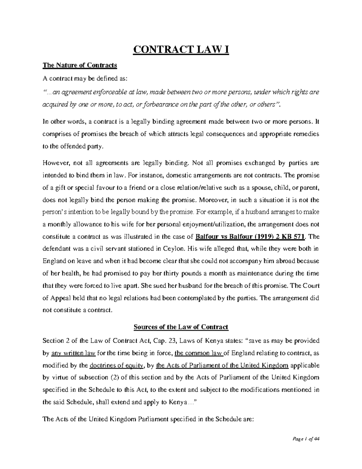 Contract LAW I- Introduction - CONTRACT LAW I The Nature of Contracts A ...