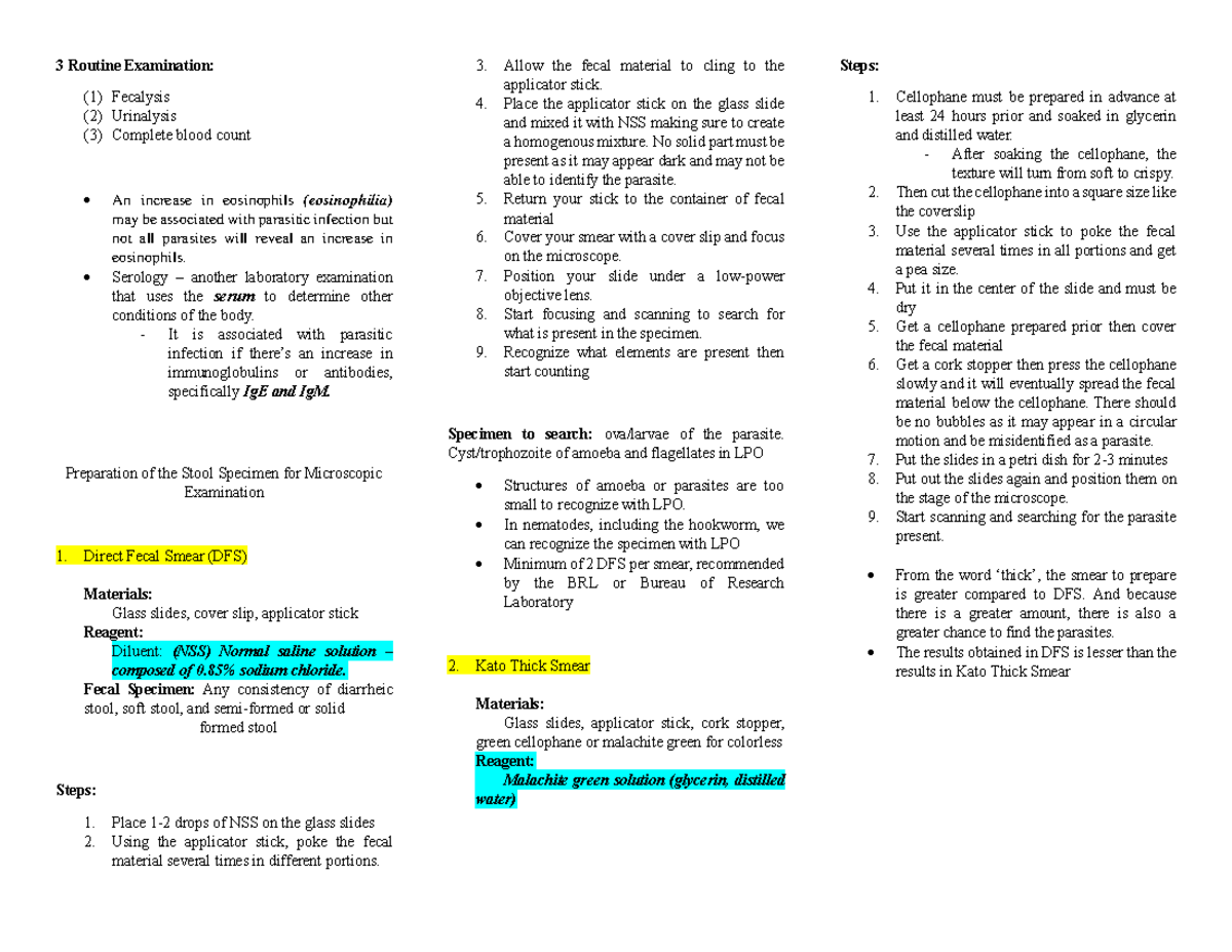 DFS KTS Concentration Method - 3 Routine Examination: (1) Fecalysis (2 ...