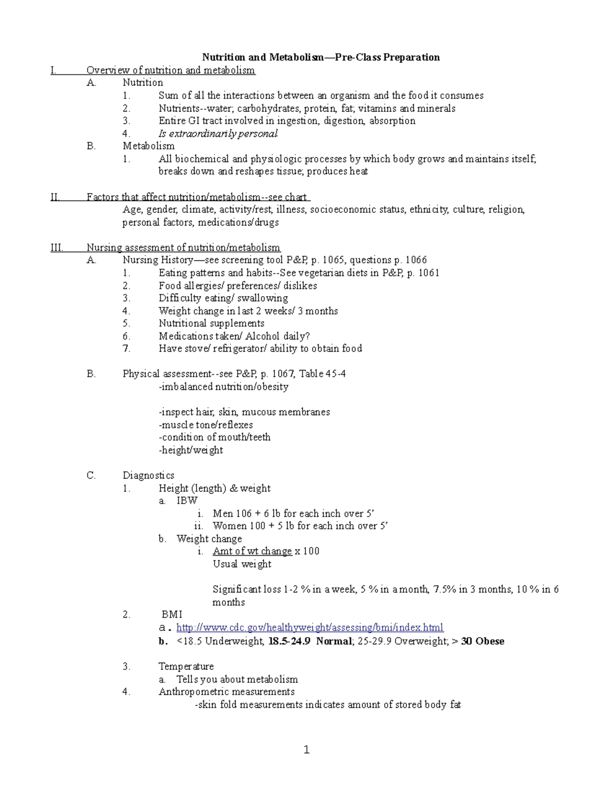 Nutrition Handout - Nutrition and Metabolism—Pre-Class Preparation I ...