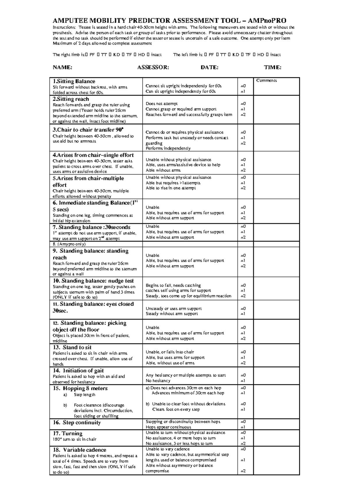 Amp No Pro - Pleease see guide - AMPUTEE MOBILITY PREDICTOR ASSESSMENT ...