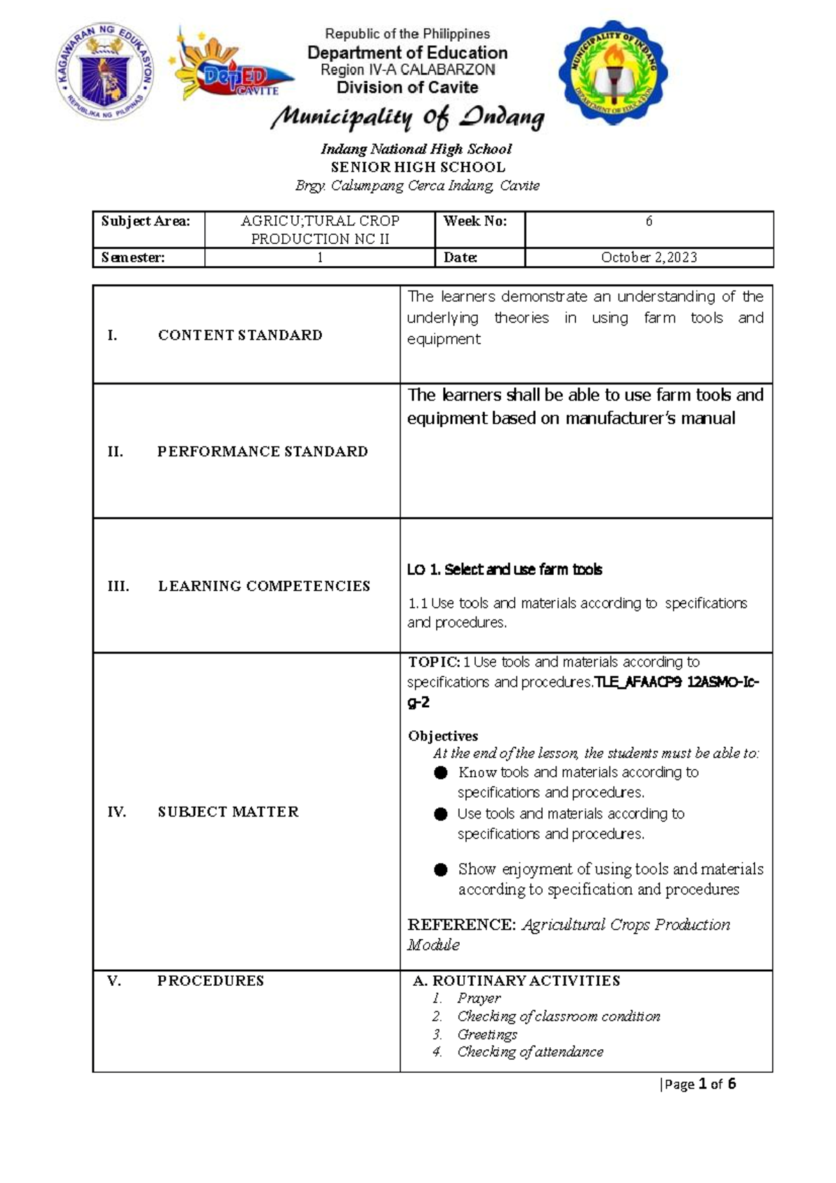 DLP Observation October 2 2023 - Indang National High School SENIOR ...