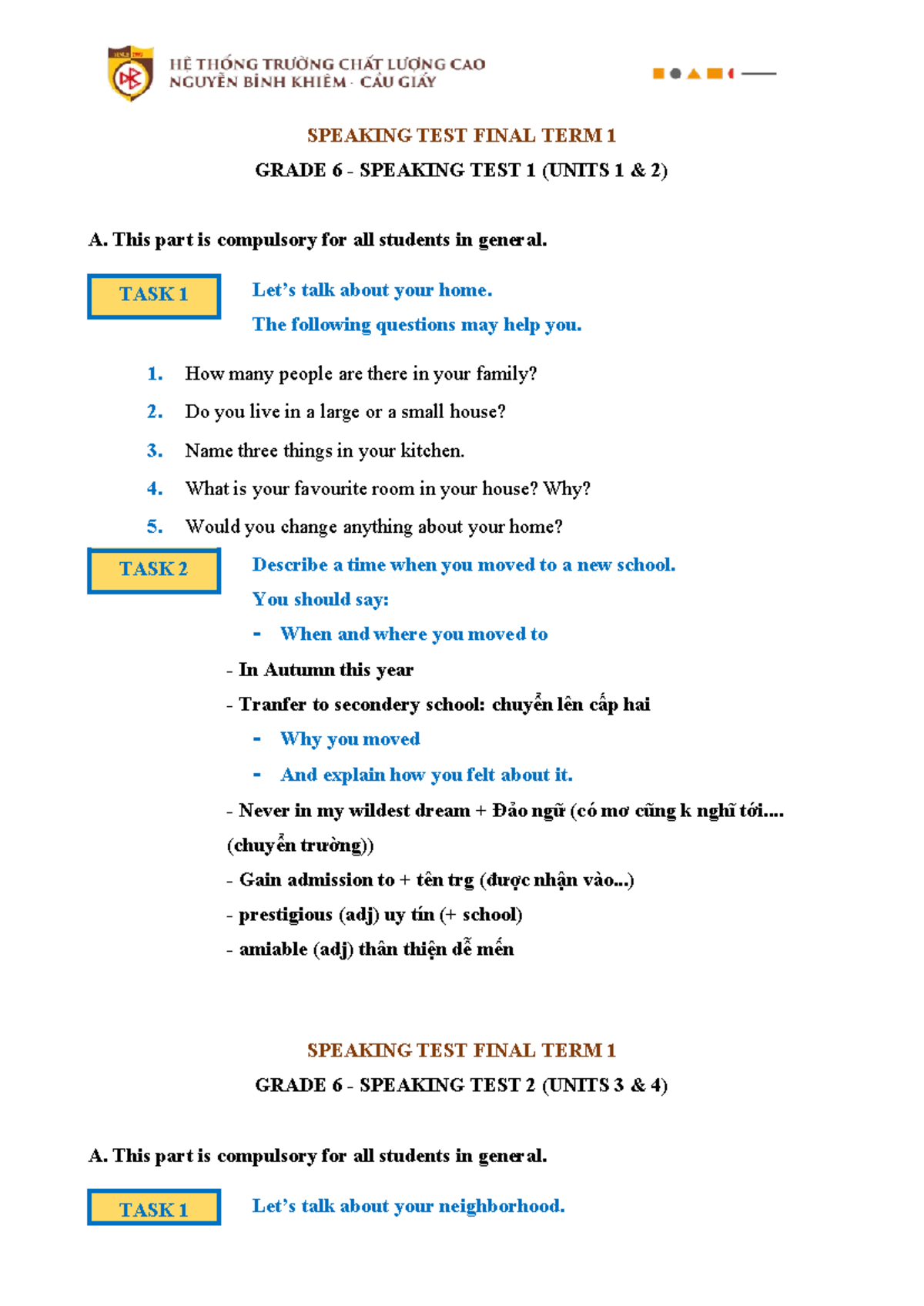 HK1 Speaking test (editing) - SPEAKING TEST FINAL TERM 1 GRADE 6 ...