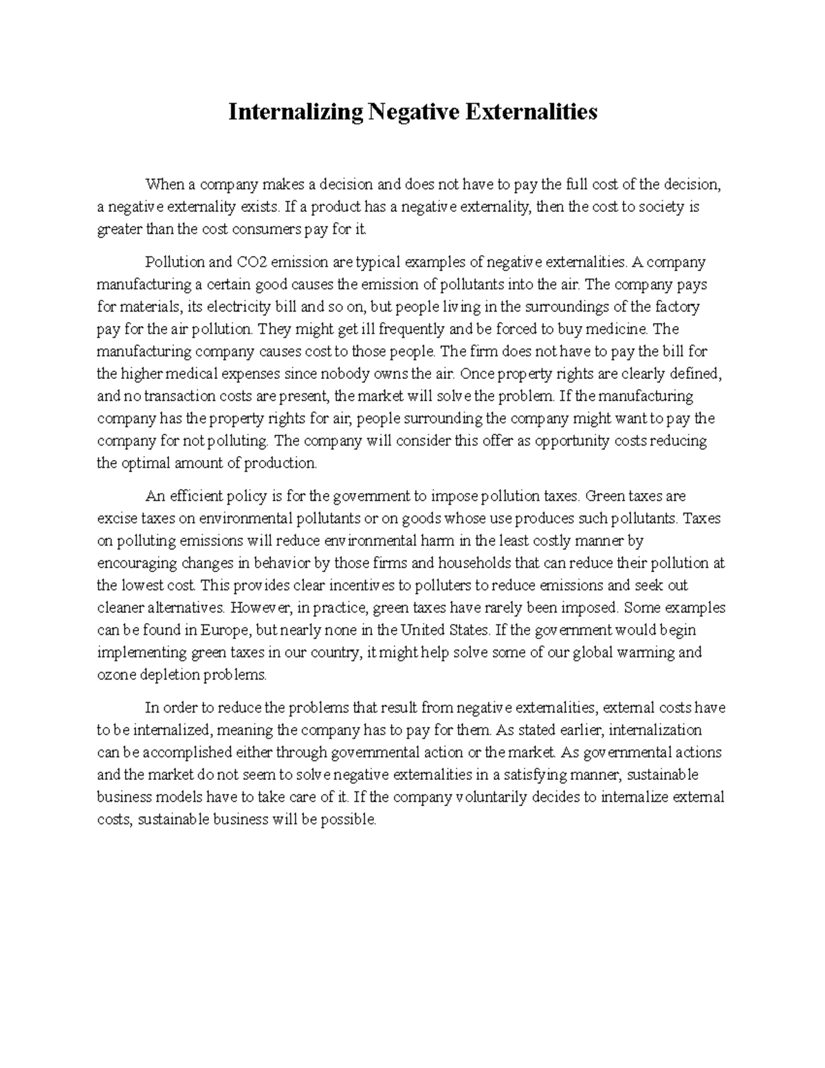 Internalizing Negative Externalities Research Paper - Internalizing ...