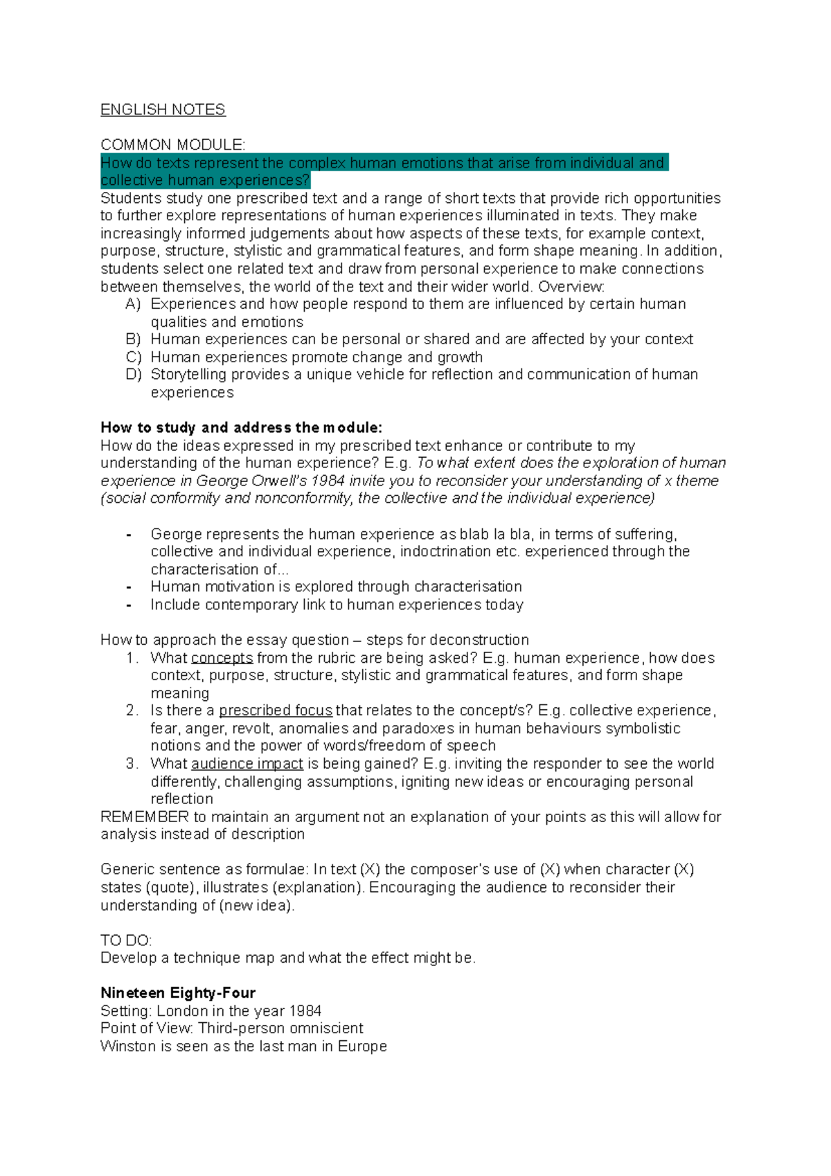 English Notes - ENGLISH NOTES COMMON MODULE: How do texts represent the ...