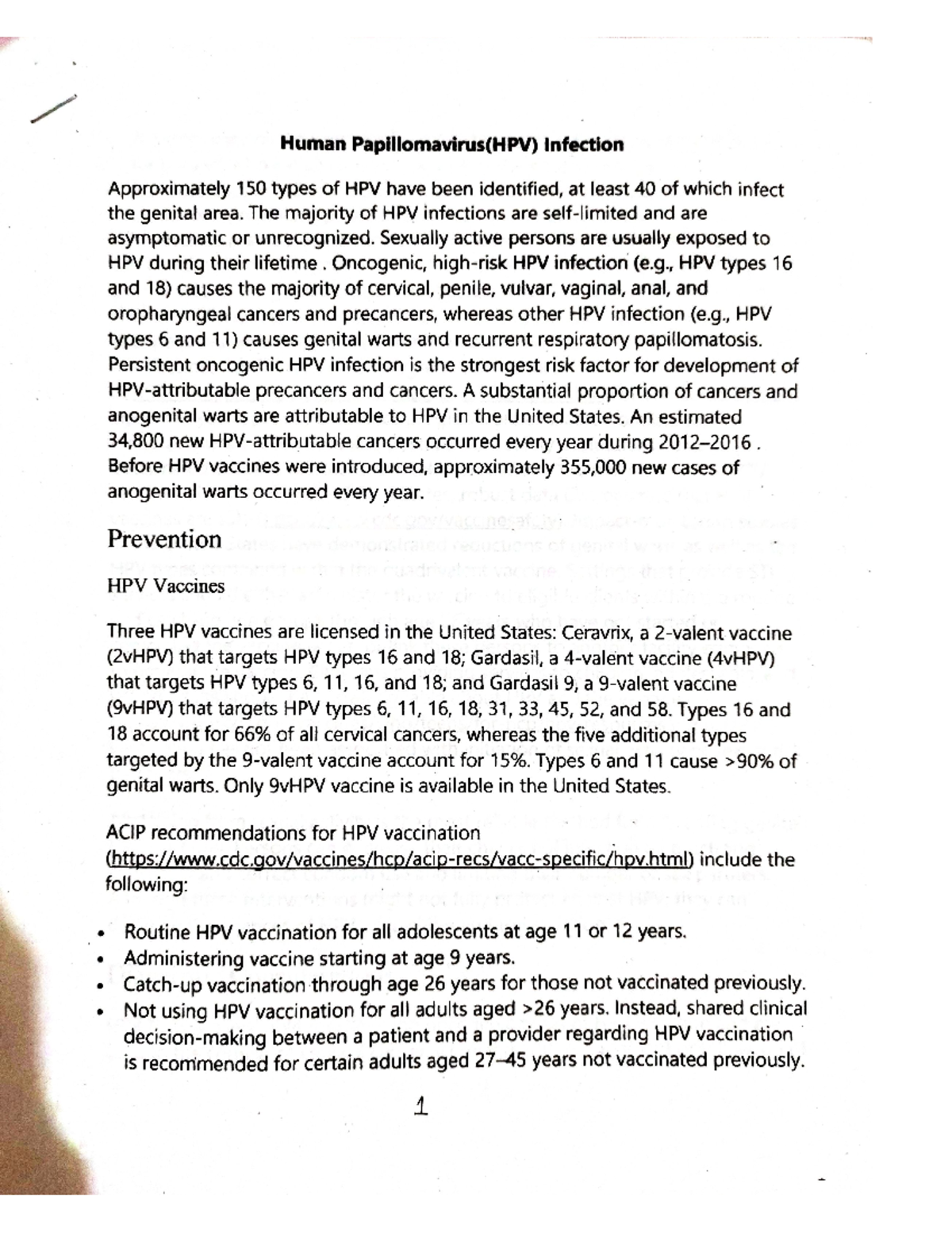 HPV Infection - Virology - Medical Laboratory Science - Studocu