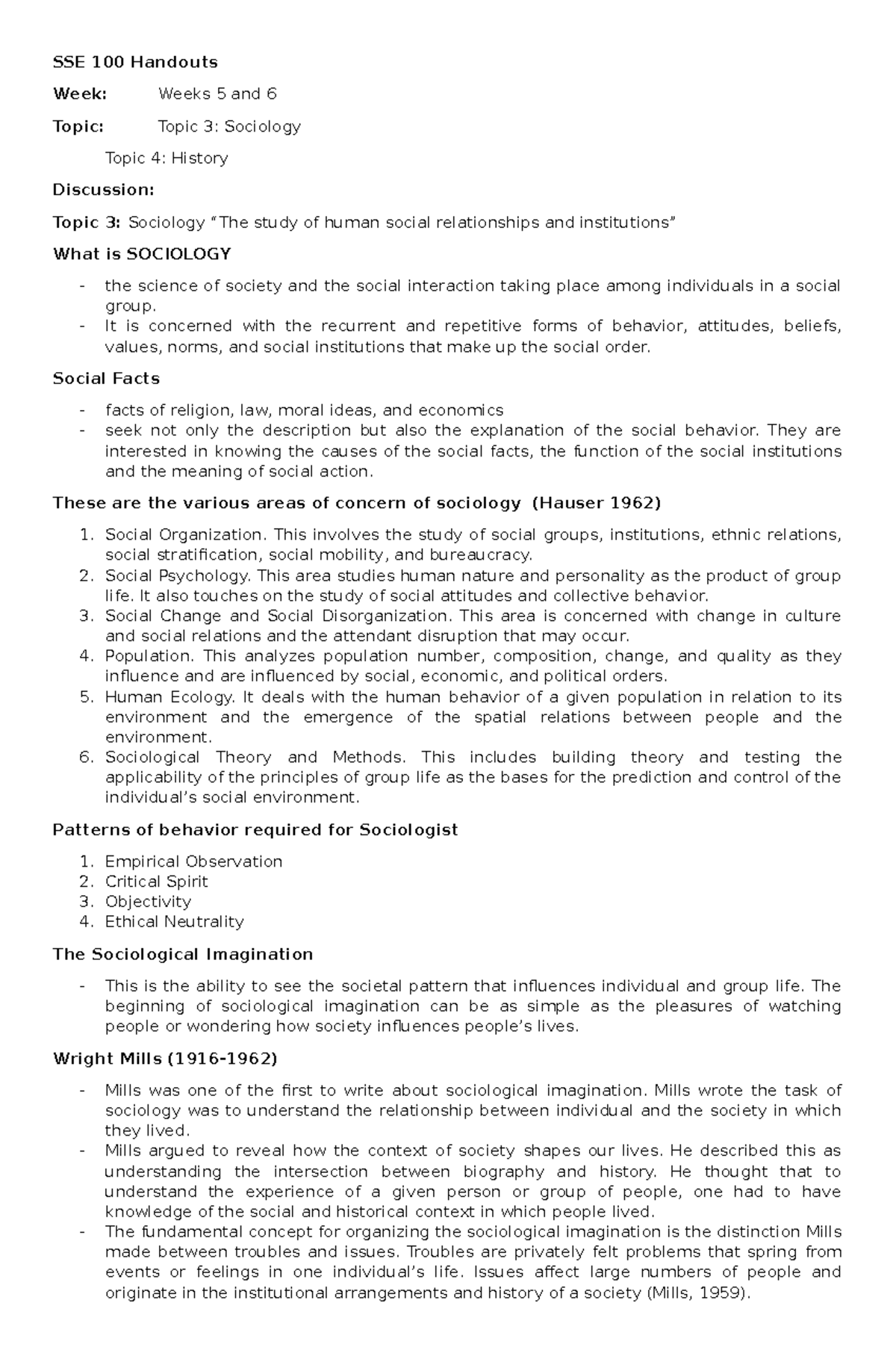 SSE 100 - Handouts - SSE 100 Handouts Week: Weeks 5 and 6 Topic: Topic 3: Sociology Topic 4 ...