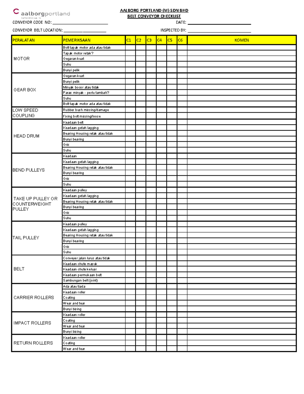 Conveyer checklist - CONVEYOR CODE NO: __________________________ DATE