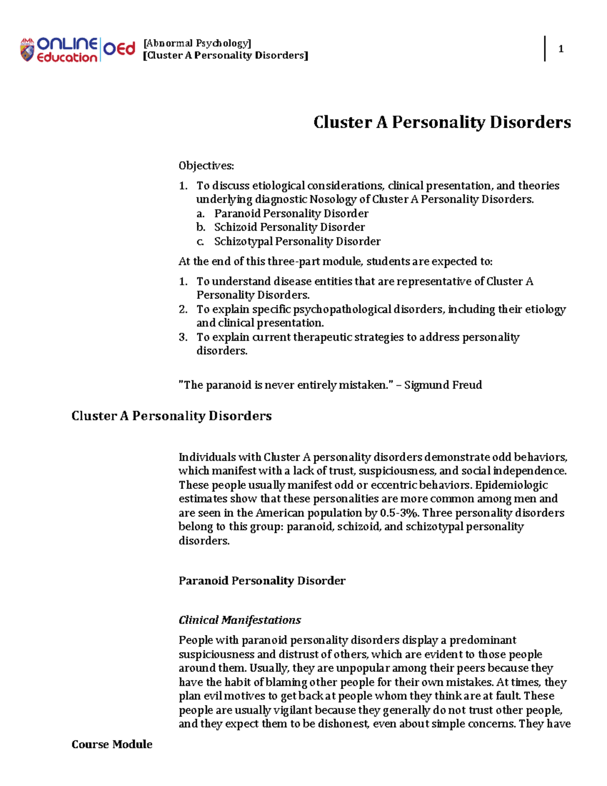 Module 10 - Cluster A Perssonality Disorders - [Abnormal Psychology ...
