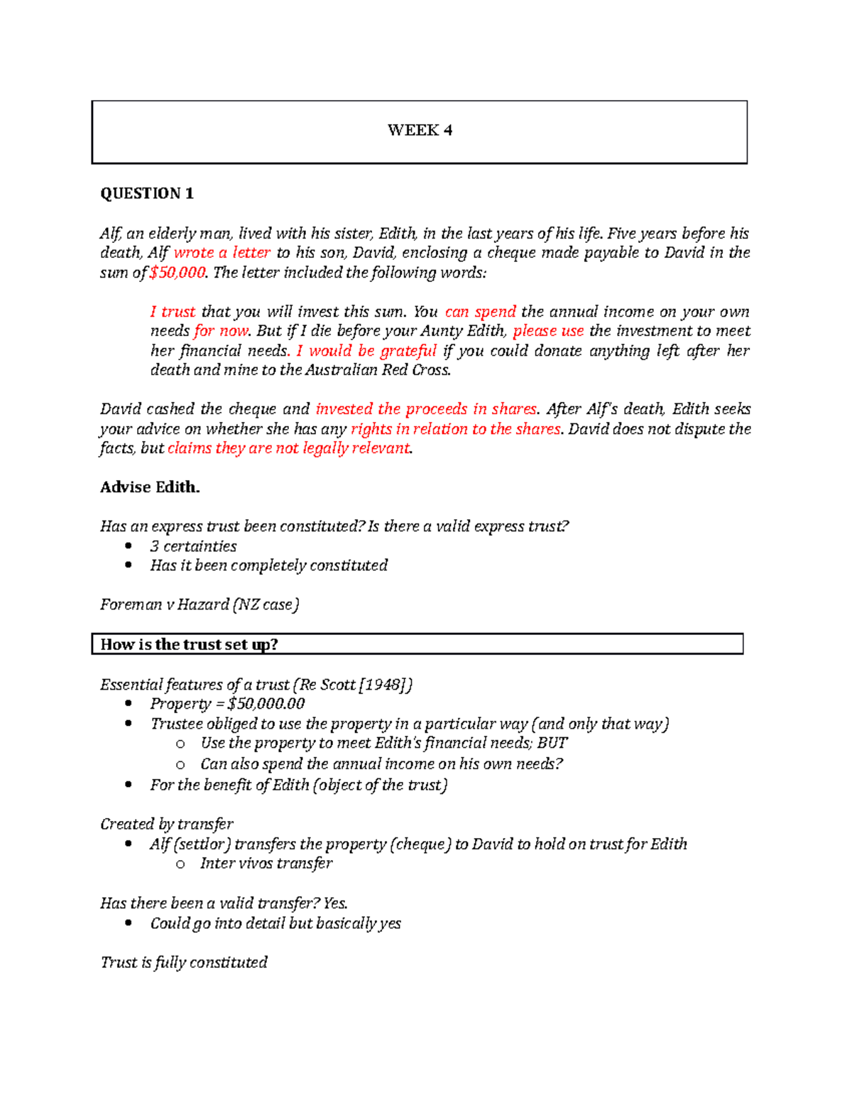 LAWS2205 - Week 6 Tutorial - WEEK 4 QUESTION 1 Alf, an elderly man, lived with his sister, Edith ...