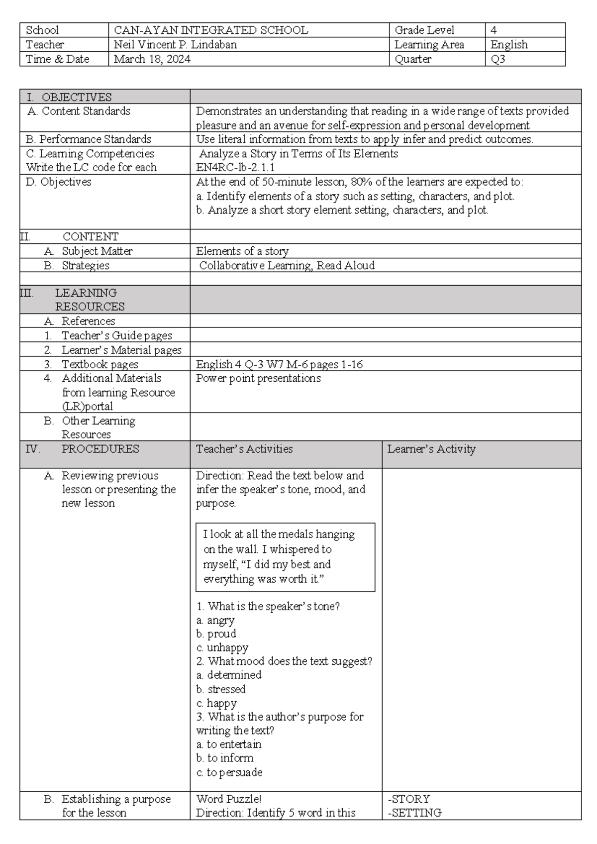 English 4 lesson plan- Q3 Elements of a Story - School CAN-AYAN ...