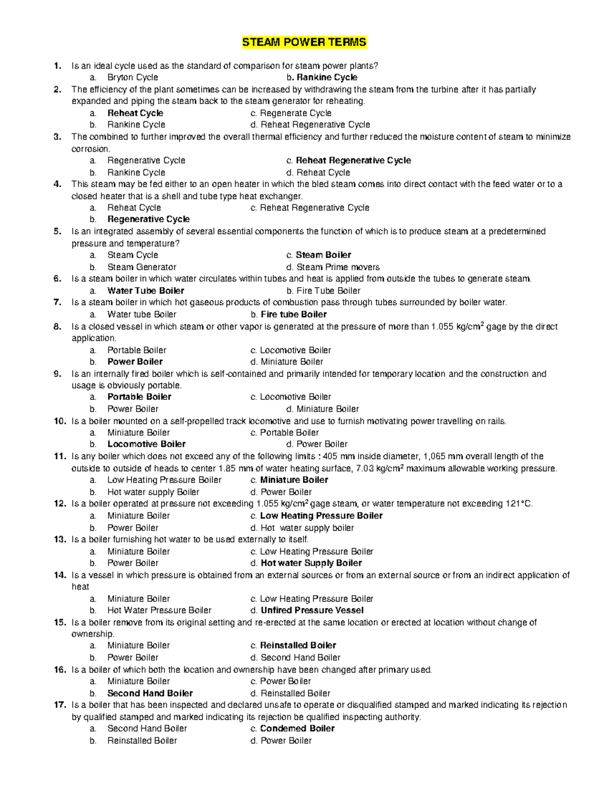 Pdfcoffee - terms - STEAM POWER TERMS Is an ideal cycle used as the standard of comparison for ...