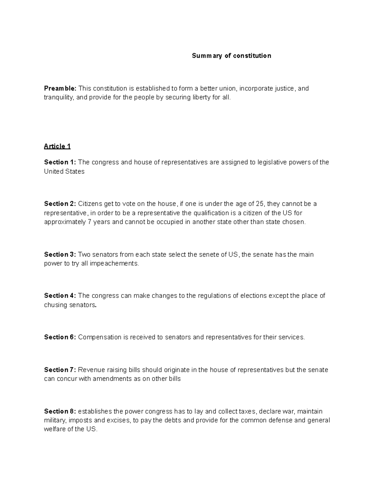 Summary of constitution - Summary of constitution Preamble: This ...