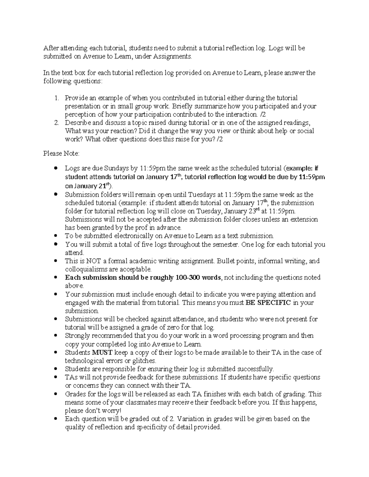 1BB3 2024 Tutorial Reflection Log - After attending each tutorial ...