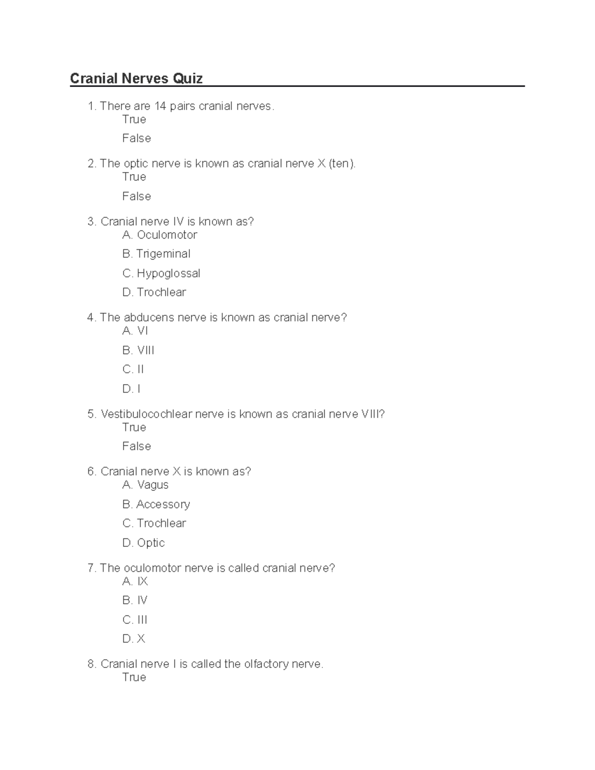 Cranial Nerves Quiz 2021 - Cranial Nerves Quiz There are 14 pairs ...