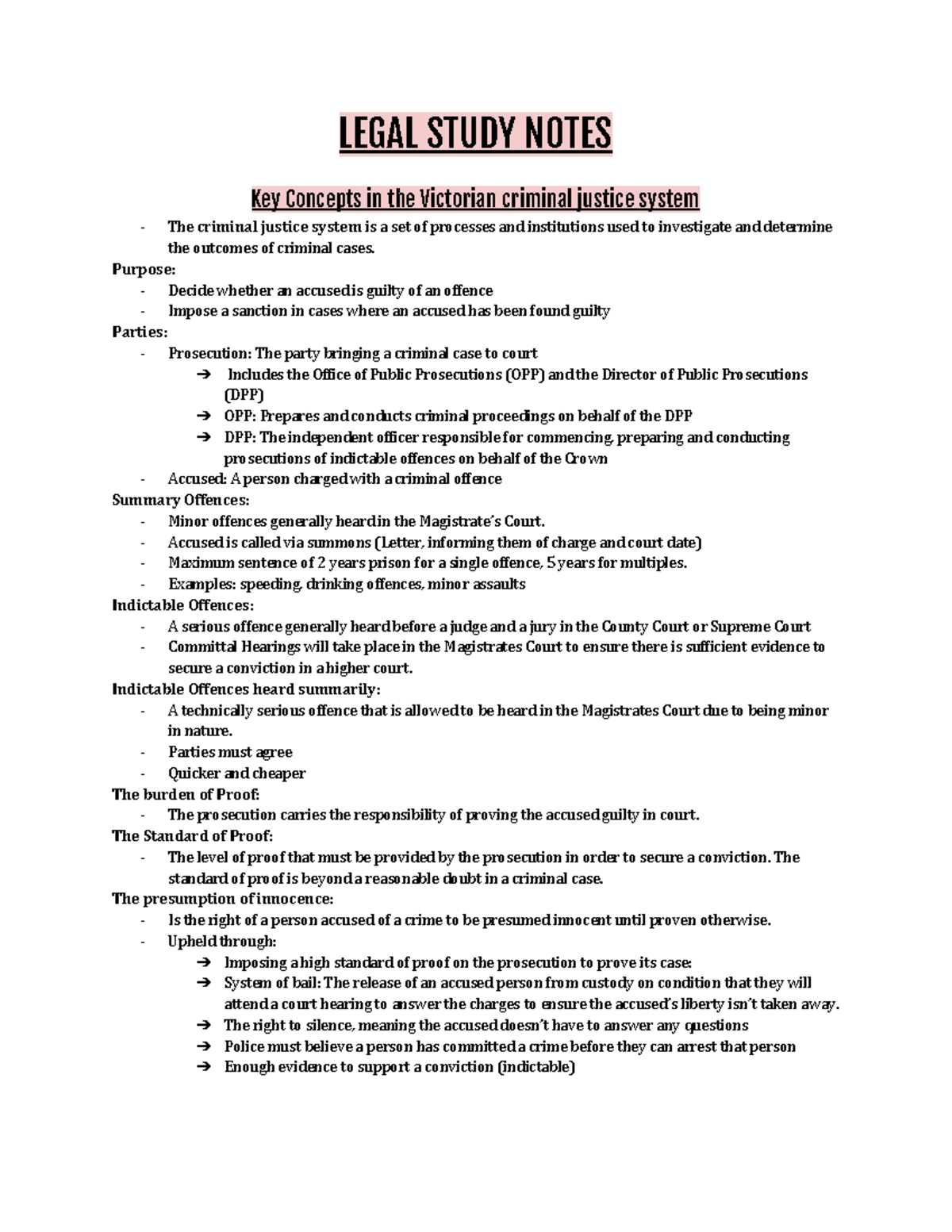 Legal Study Notes UNIT 3 (1) (Jemma Andrews) - LEGAL STUDY NOTES Key ...