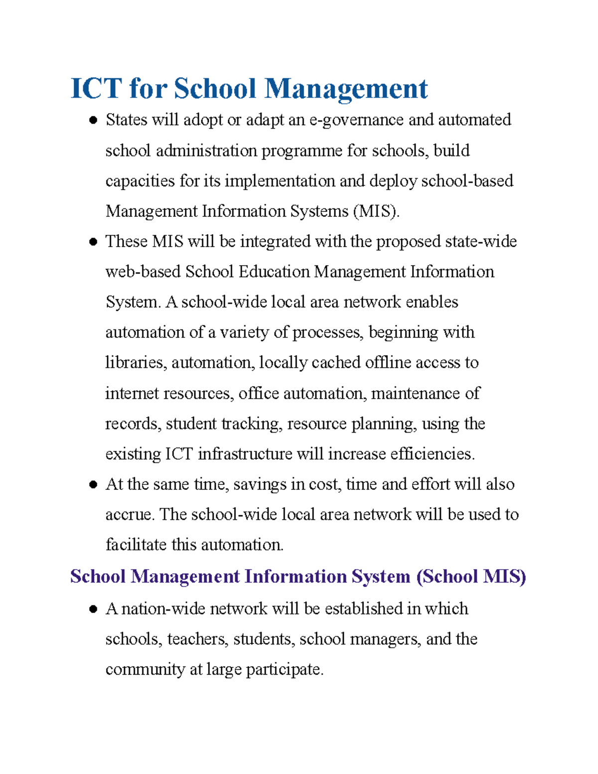 ICT for School Management - These MIS will be integrated with the ...