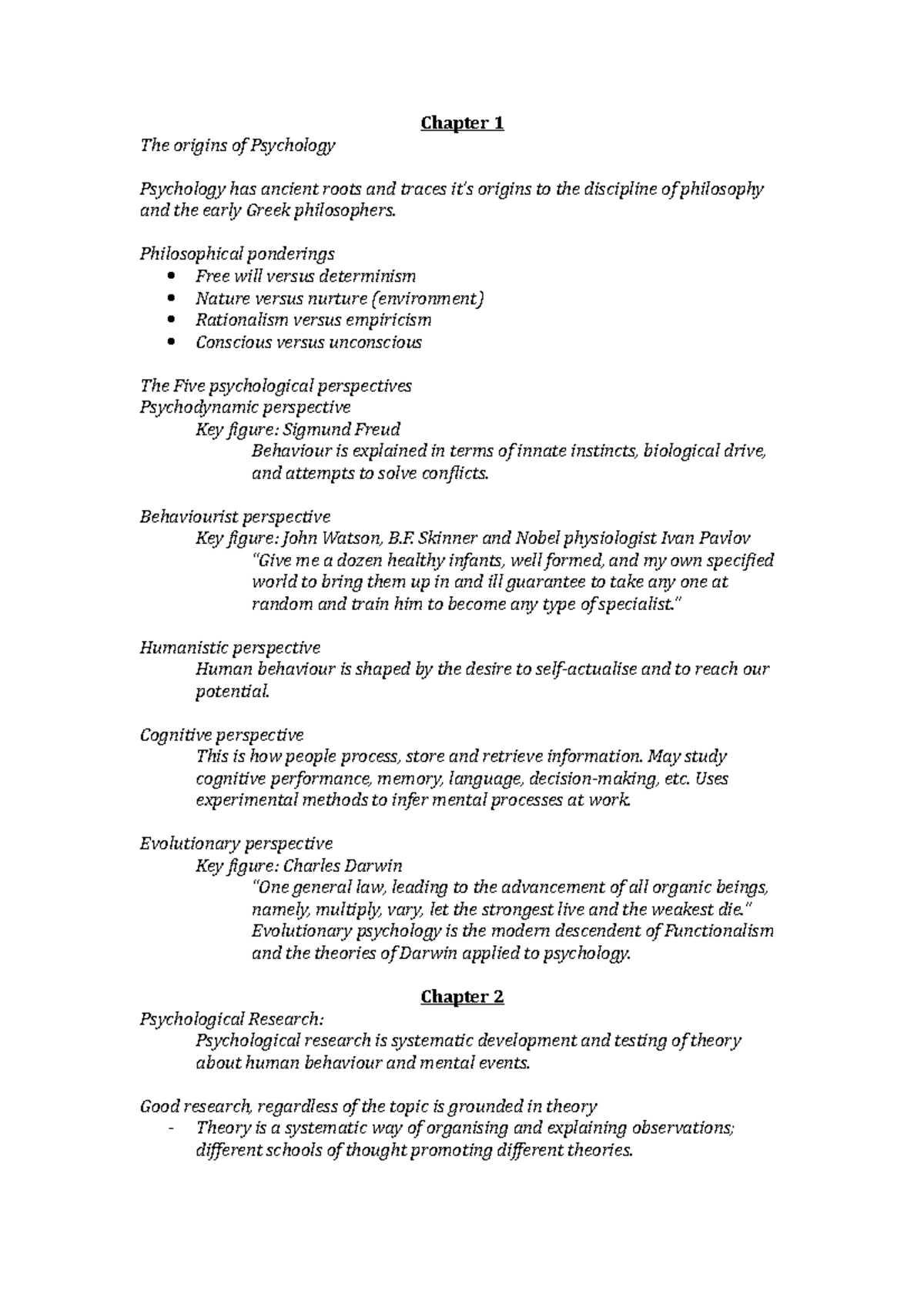 Psychology Summary - Chapter 1 The origins of Psychology Psychology has ...