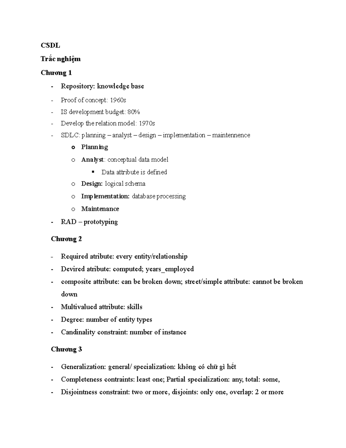 Csdl Summary Cơ Sở Dữ Liệu Csdl Trắc Nghiệm Chương 1 Repository Knowledge Base Proof Of 