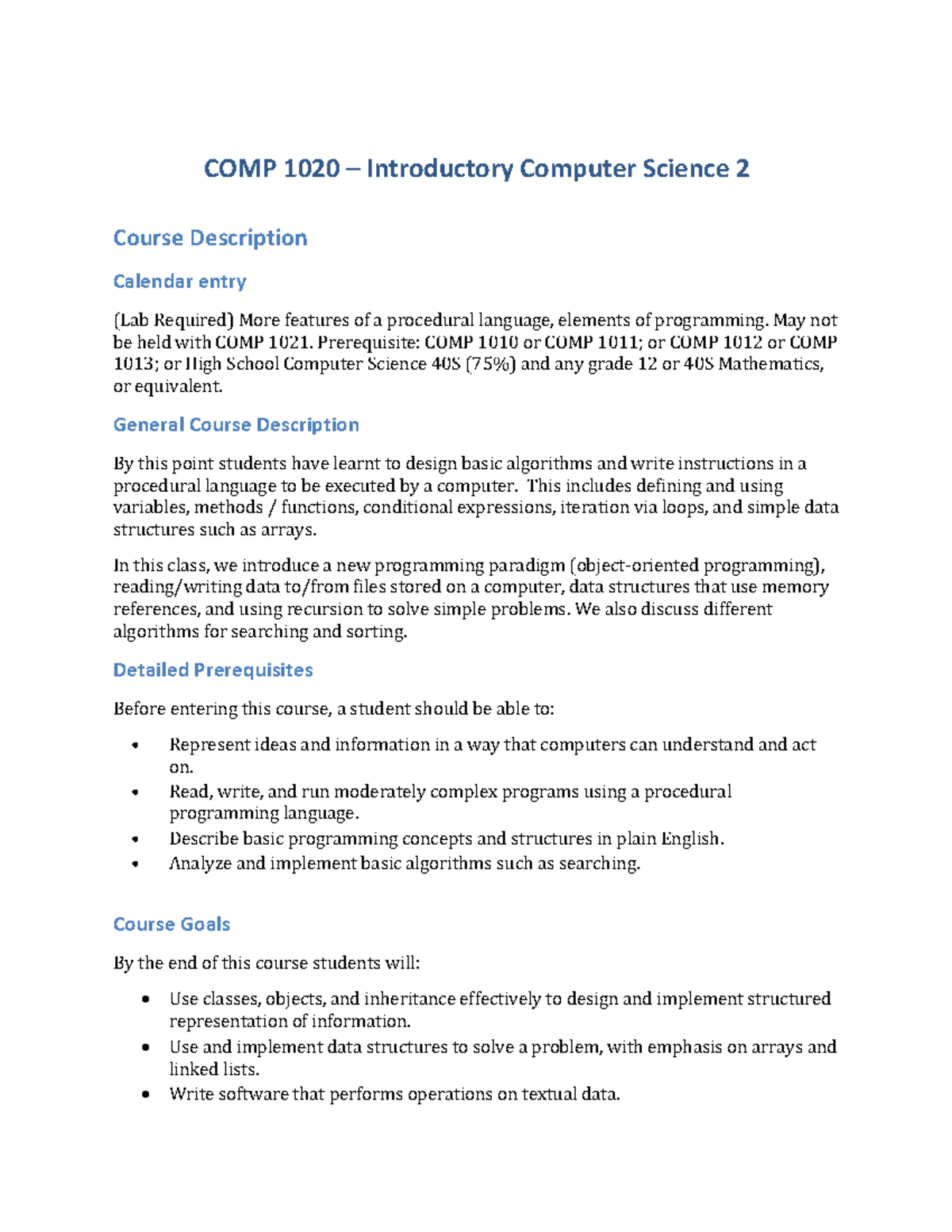 Syllabus - Comp 1020 Introductory Computer Science 2 - COMP 1020 – Introductory Computer Science ...