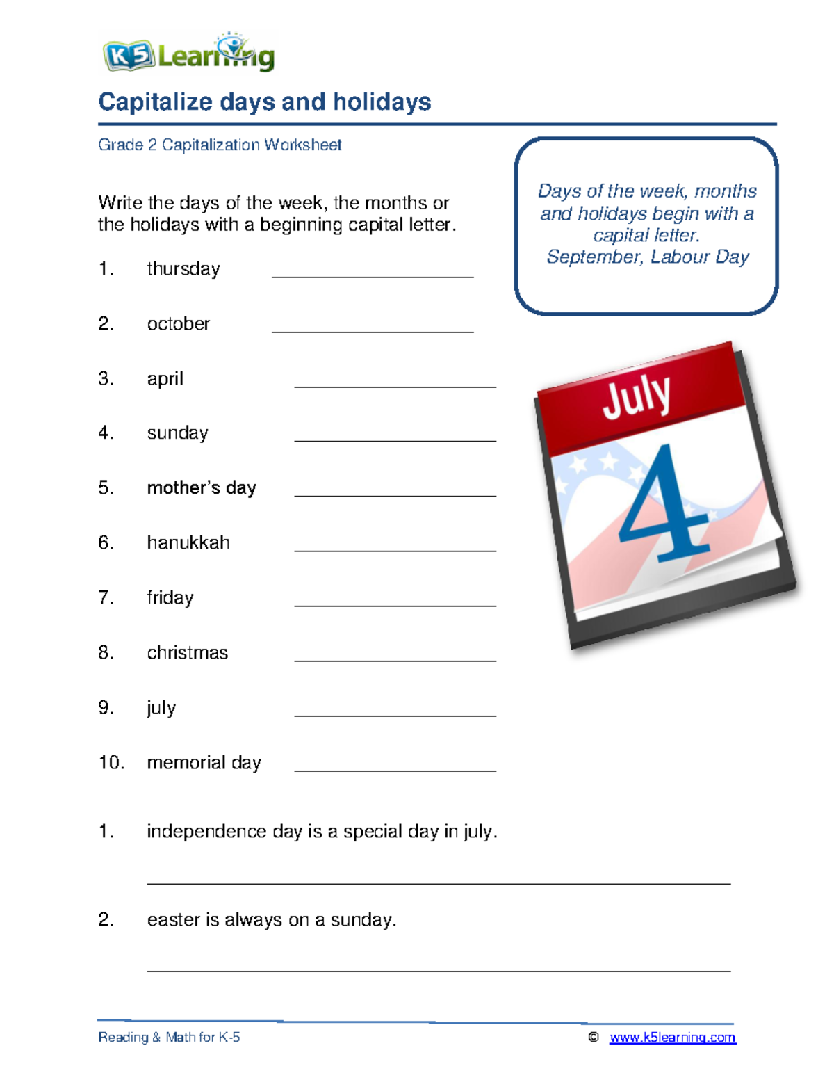 Grade 2 capitalize days holidays b - Capitalize days and holidays Grade ...