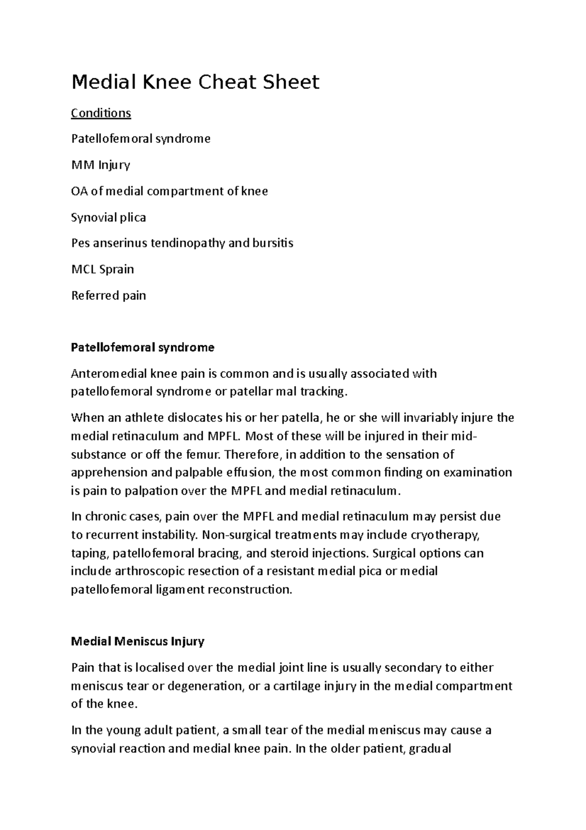 Medial Knee Cheat Sheet - Medial Knee Cheat Sheet Conditions ...