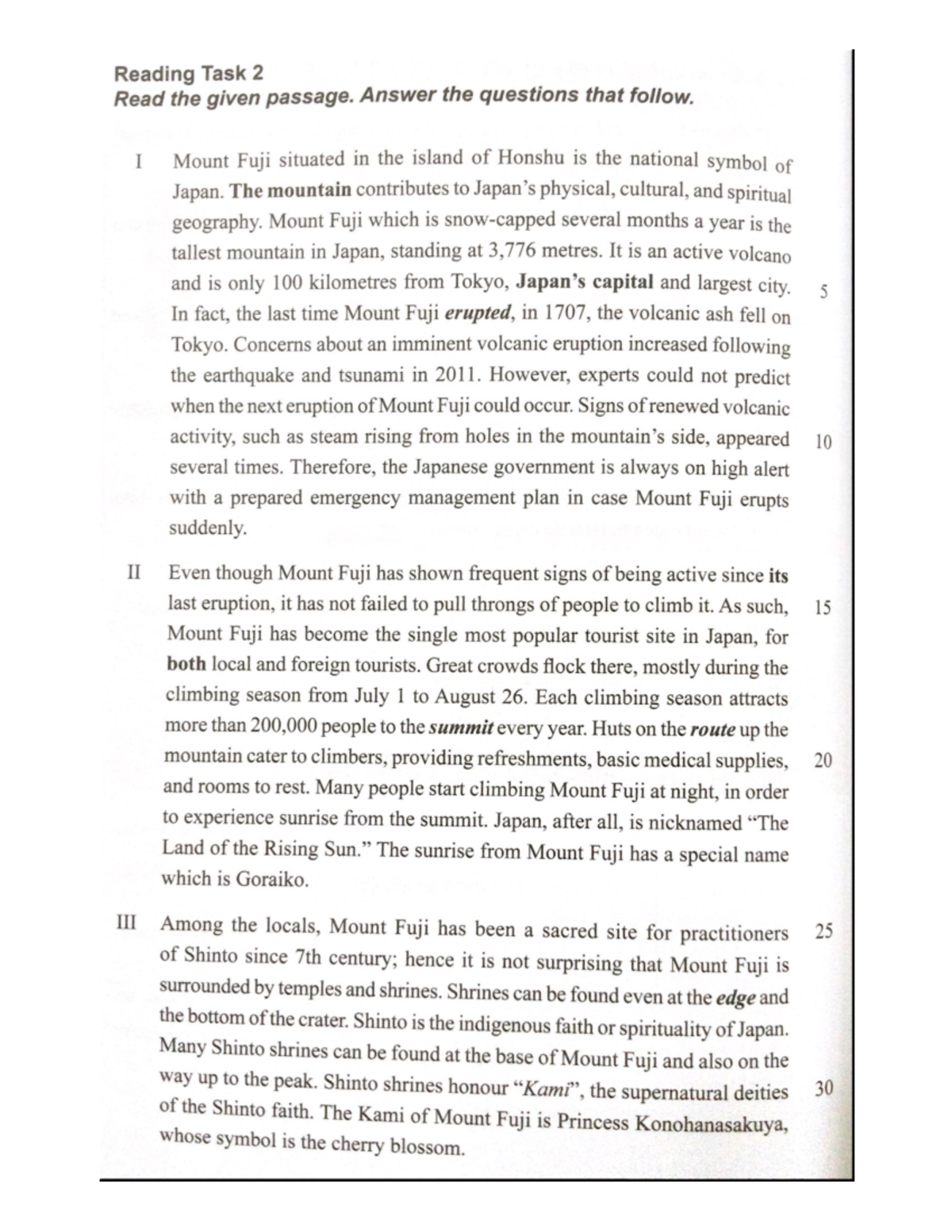 Reading Task 2 - Answer the questions that follow. I Mount Fuji ...