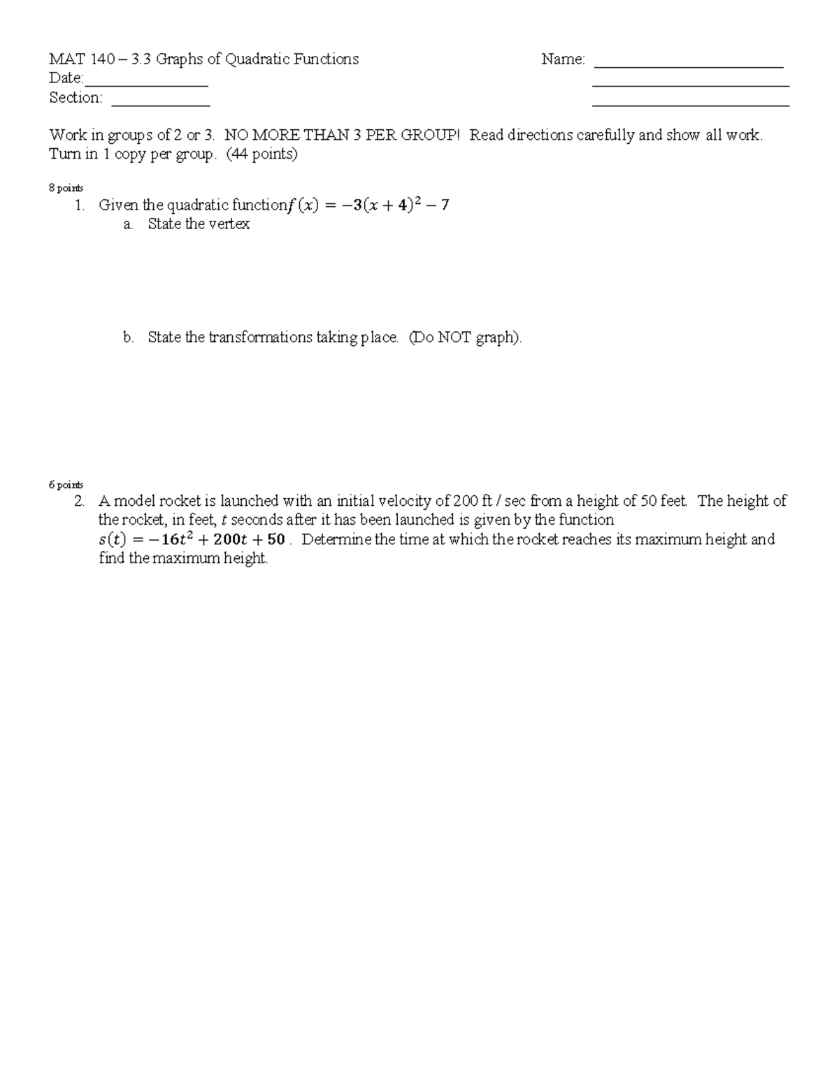 MAT140-3 - math notes - MAT 140 – 3 Graphs of Quadratic FunctionsDate ...