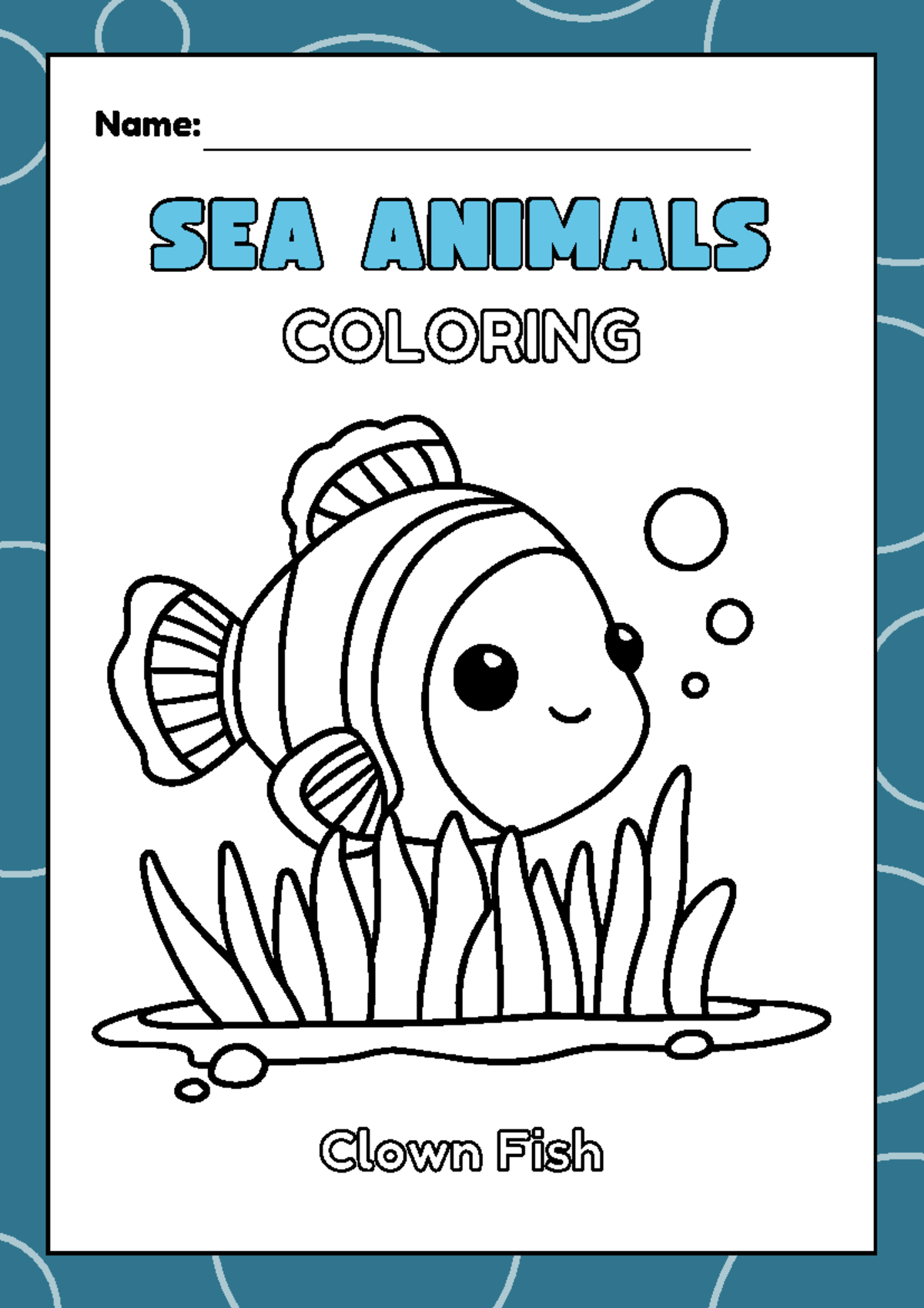 Sea Animals Coloring Worksheet in Blue and Black Illustrative Style(4 ...