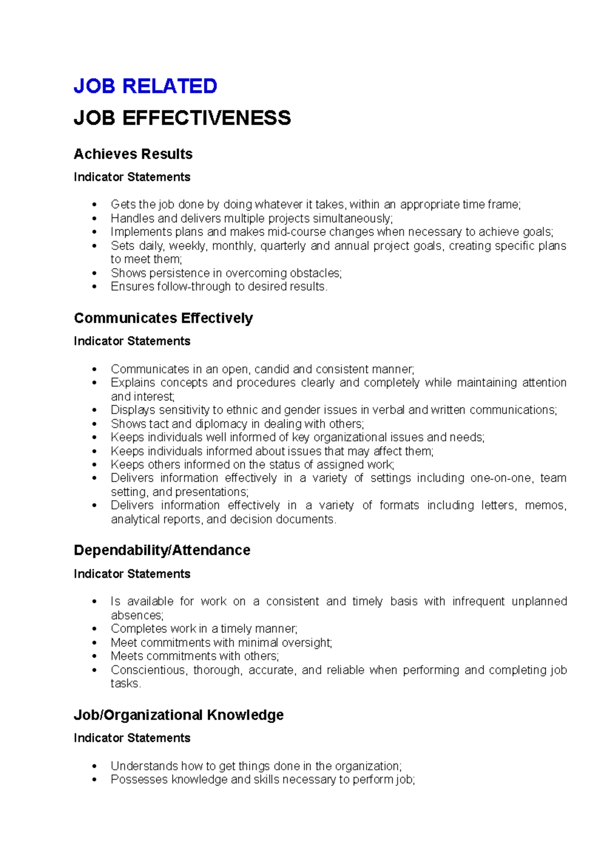 Competencies with explanation - JOB RELATED JOB EFFECTIVENESS Achieves ...