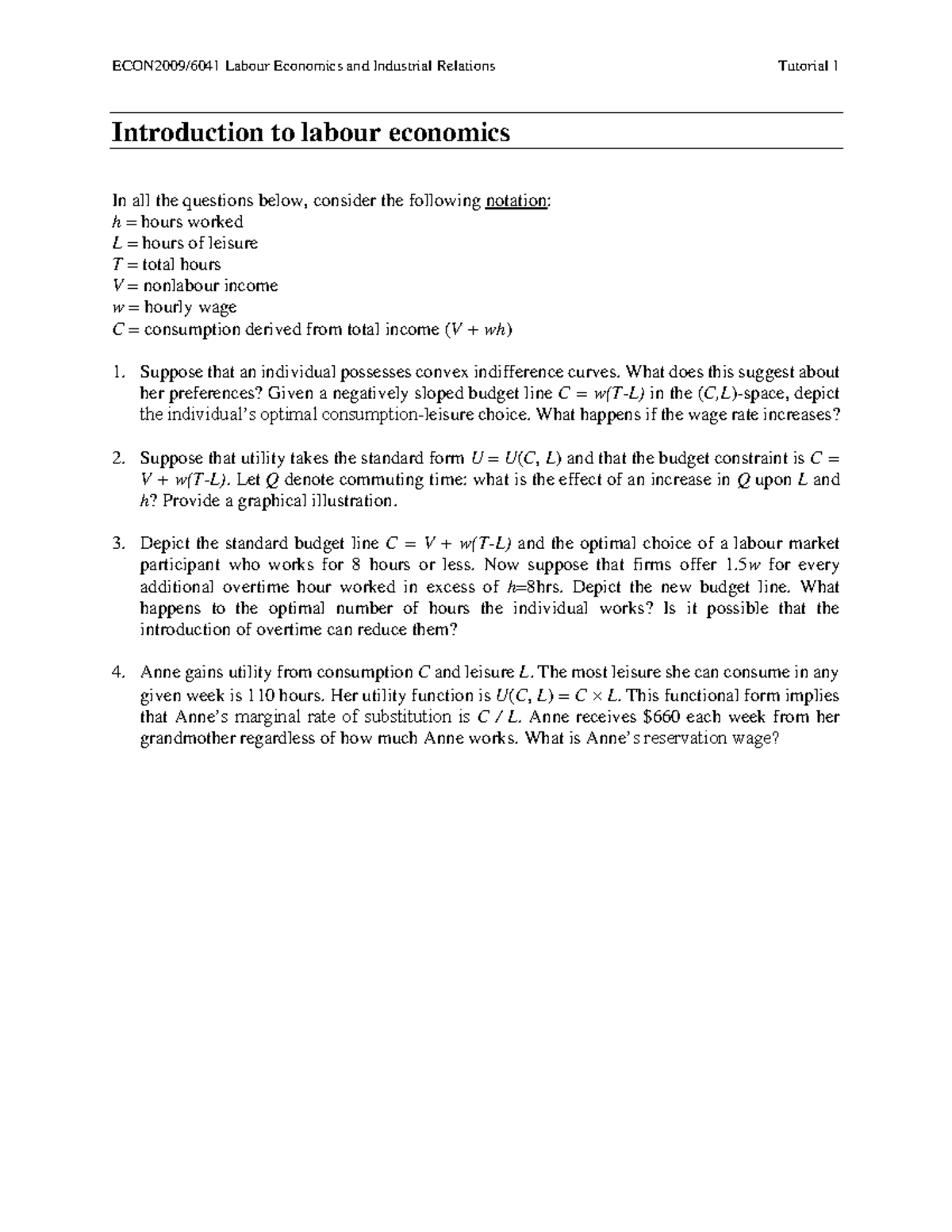 ECON2009-6041 Tute1 2024 - ECON2009/ 6041 Labour Economics and ...