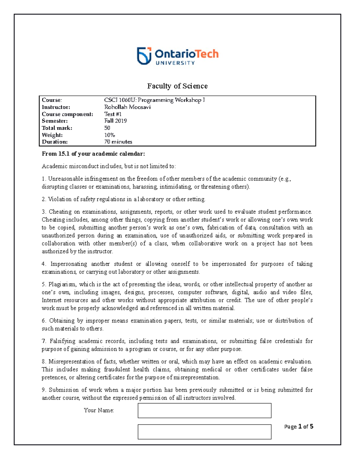 Csci 1060u Programming Workshop 1 Test 1 C2 Questions Faculty Of Science Course Csci