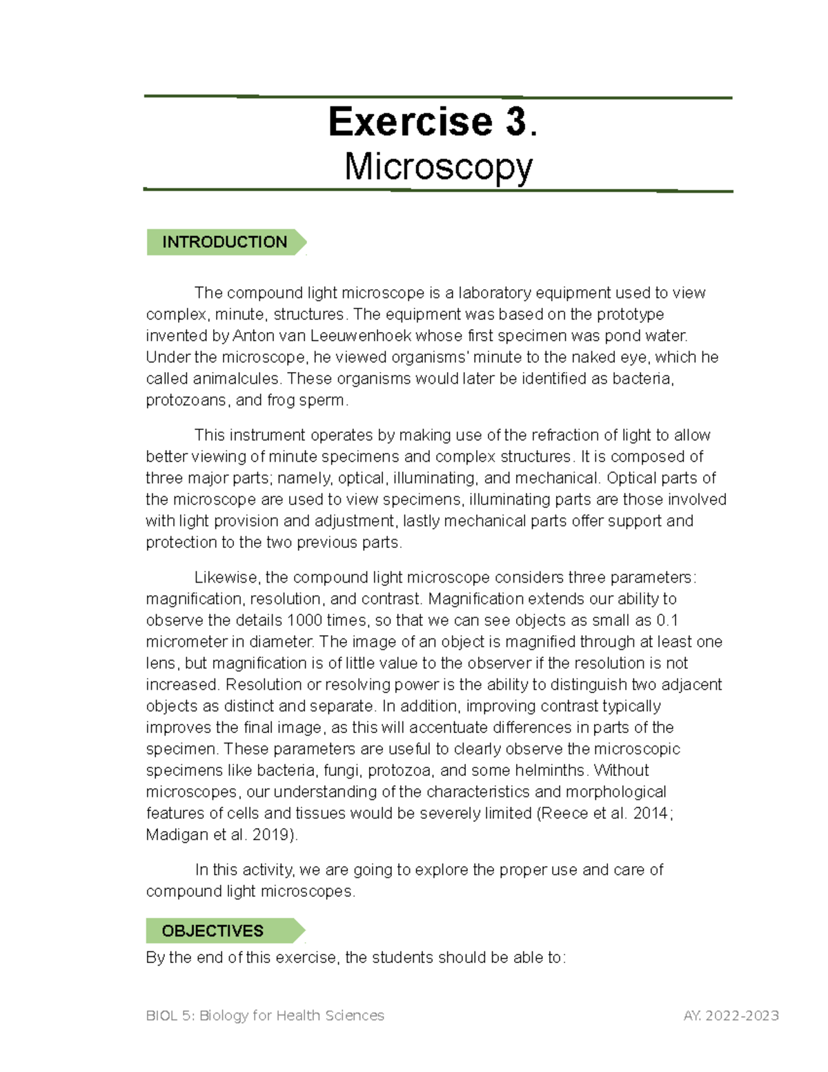 BIOL5 Activity Exercise - Exercise 3. Microscopy The compound light ...