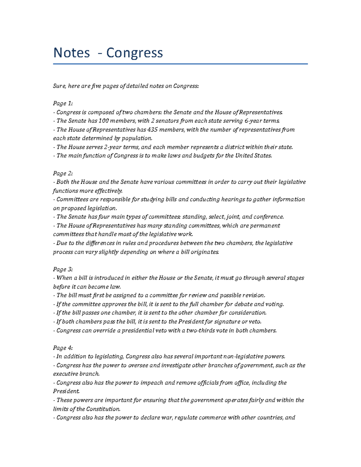 Lecture notes - Congress - Notes - Congress Sure, here are five pages ...