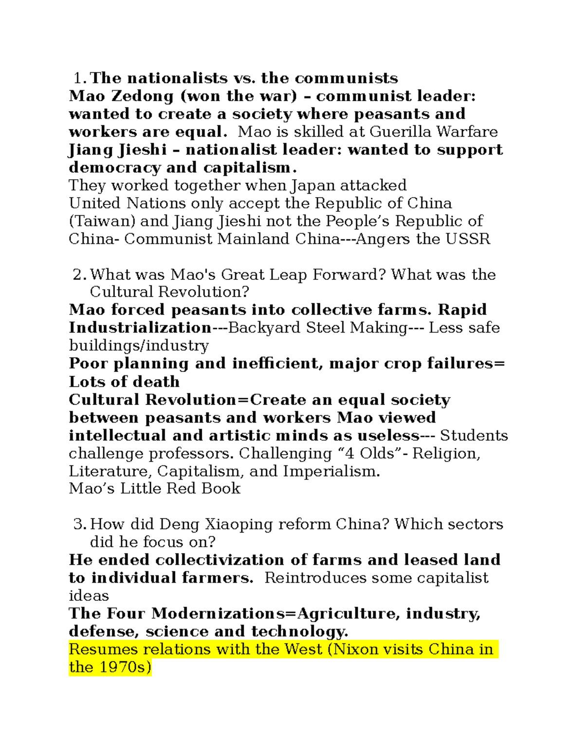 WWII review note set - The nationalists vs. the communists Mao Zedong ...