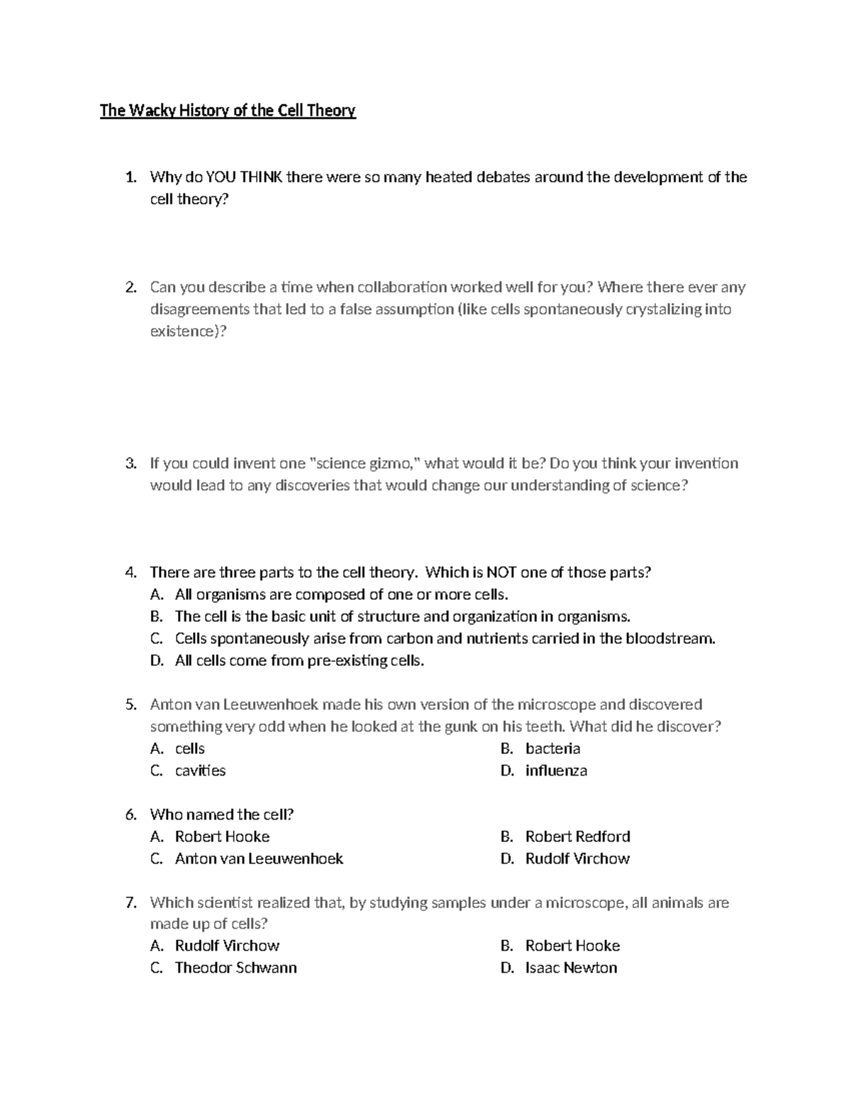 Wacky History of the Cell Theory Wkst - Why do YOU THINK there were so ...