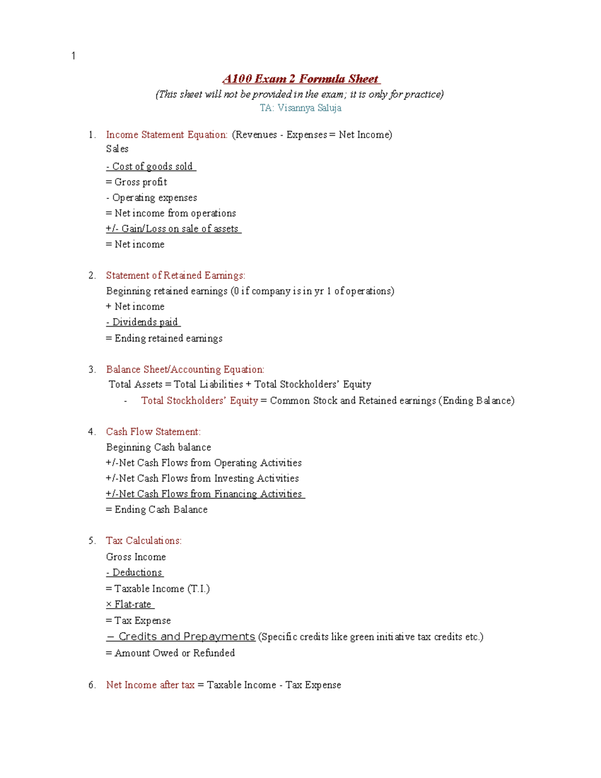 A-100 Formula Sheet - 1 A100 Exam 2 Formula Sheet (This sheet will not ...