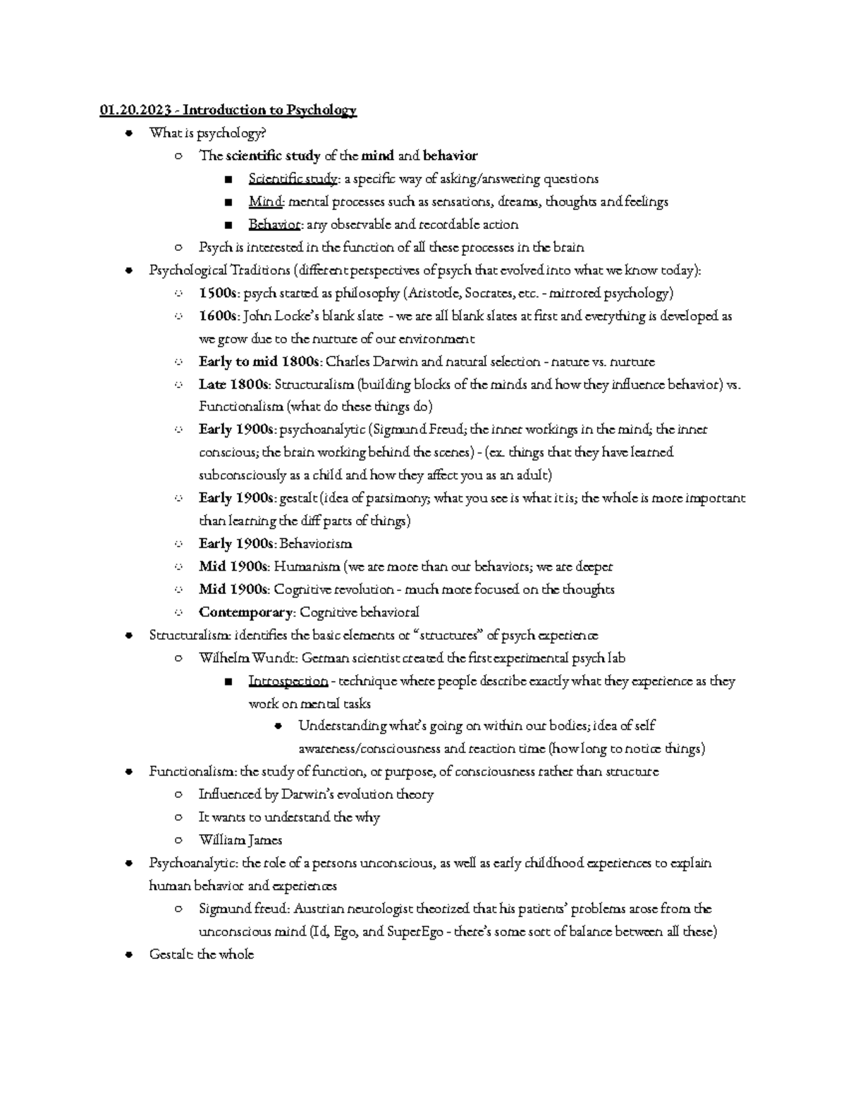Psychology - Psych Lecture notes - 01.20 - Introduction to Psychology ...