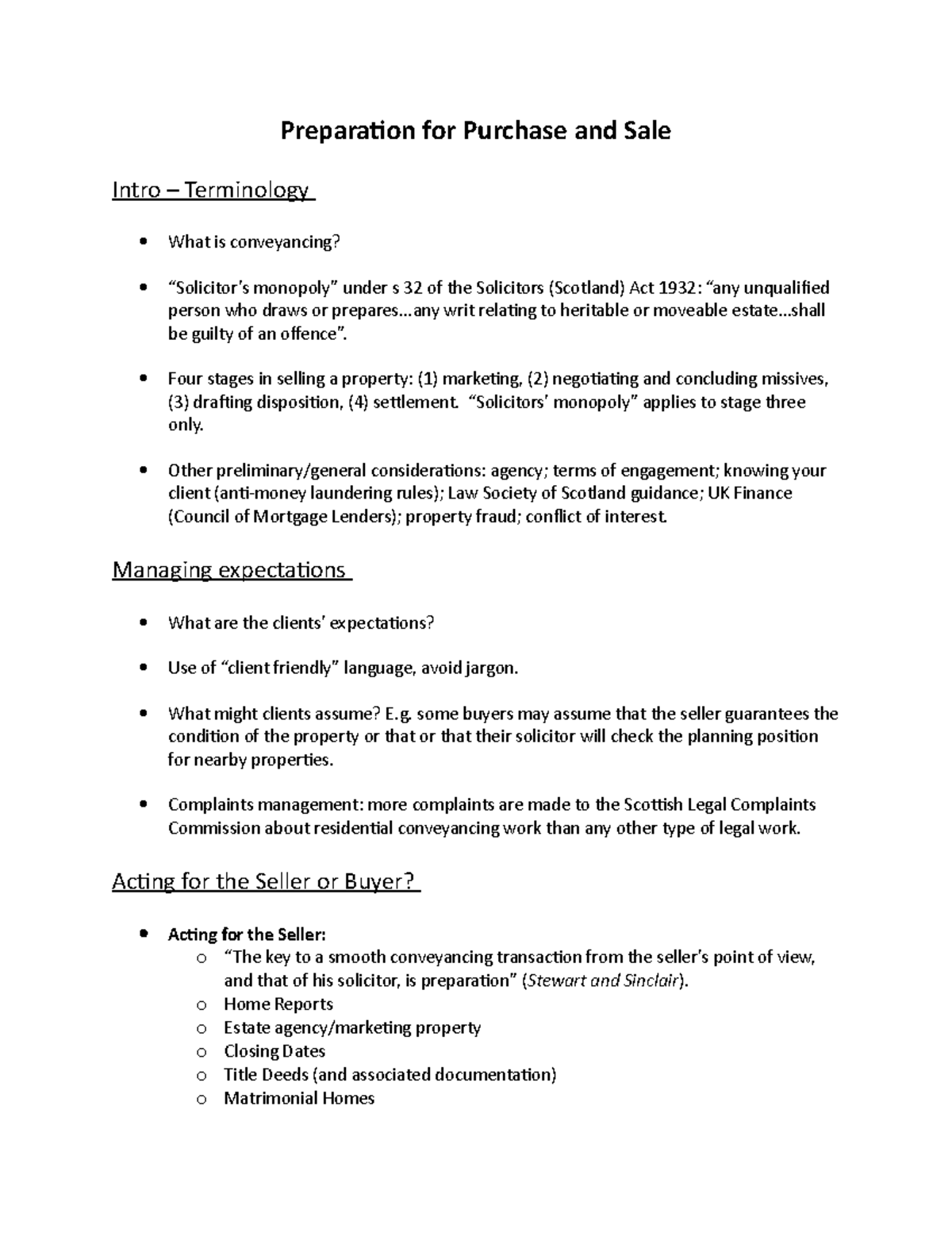 Real Estate Lecture Notes - Preparation for Purchase and Sale Intro ...